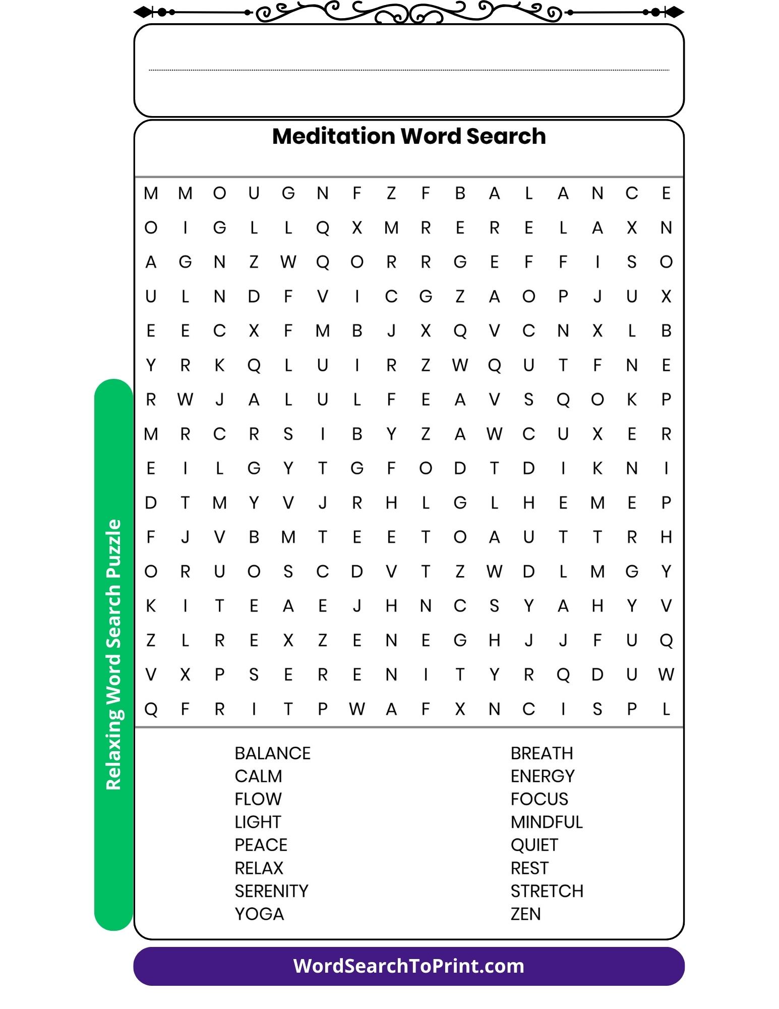 Free Meditation Word Search Printable With Solution - WordSearchToPrint.com
